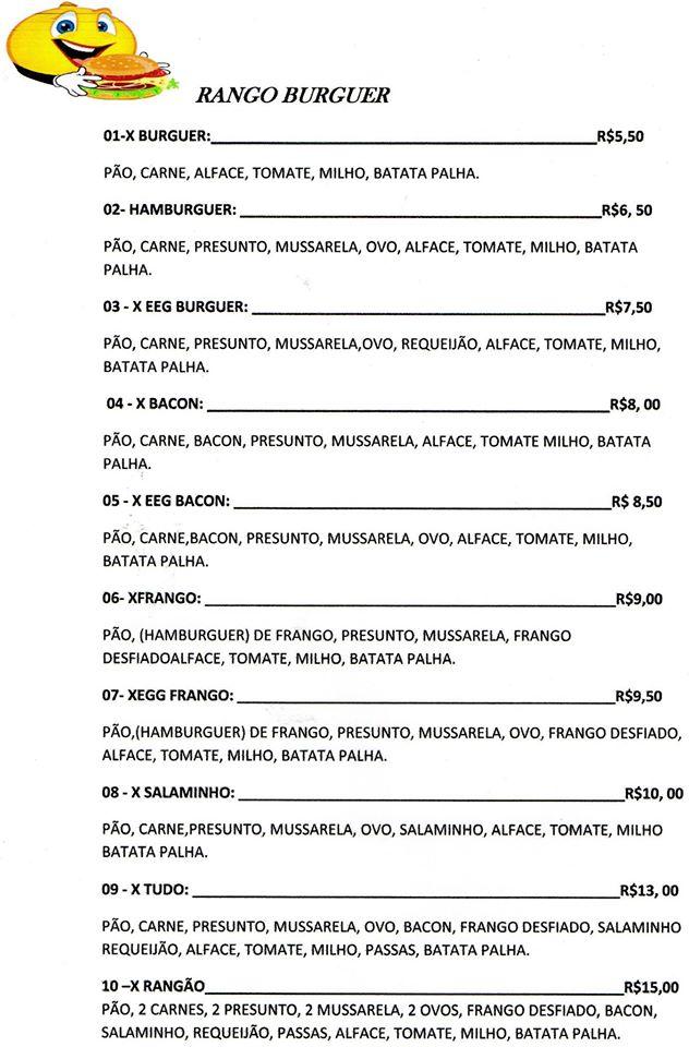Menu em Rango burguer restaurante, Mateus Leme, R. Ribeirão das Neves