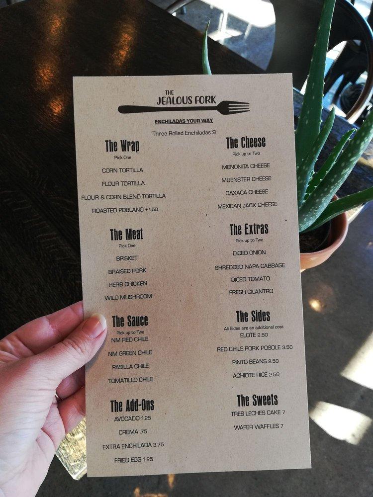 Menu at The Jealous Fork restaurant, Albuquerque