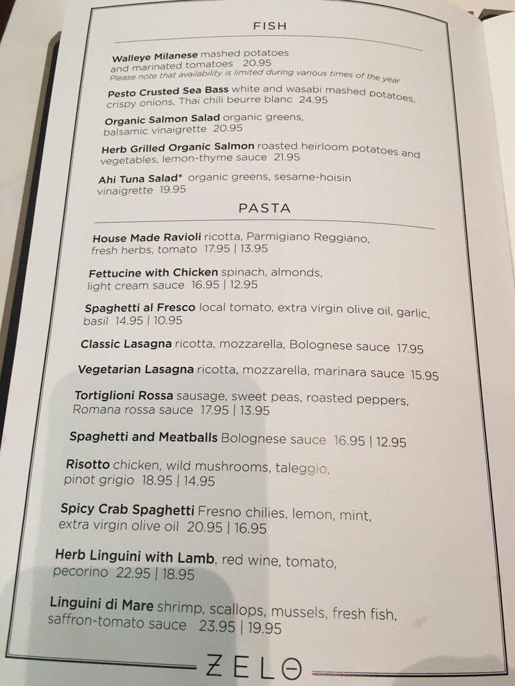 Menu at Zelo restaurant, Minneapolis