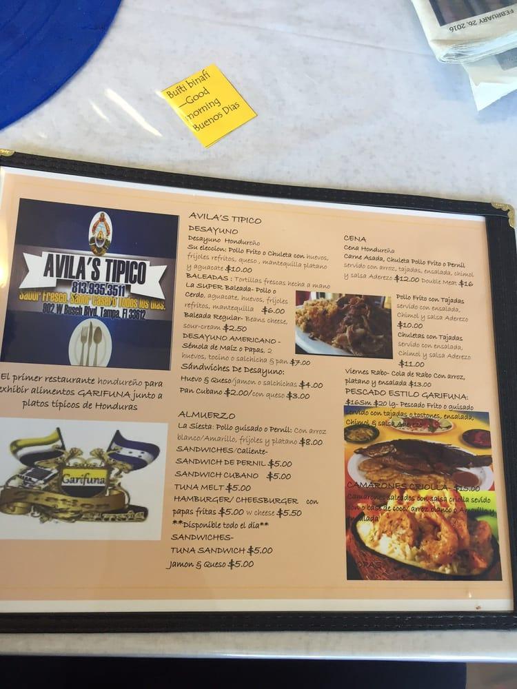 Menu at Honduras Restaurant Avilas Tipico, Tampa