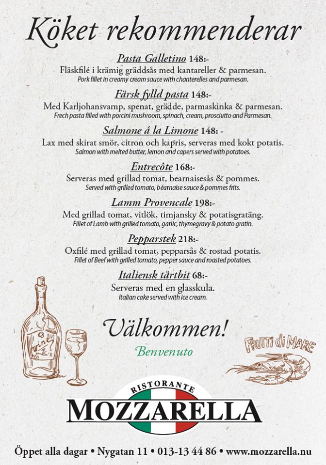 Menu at Mozzarella Ristorante restaurant, Linköping