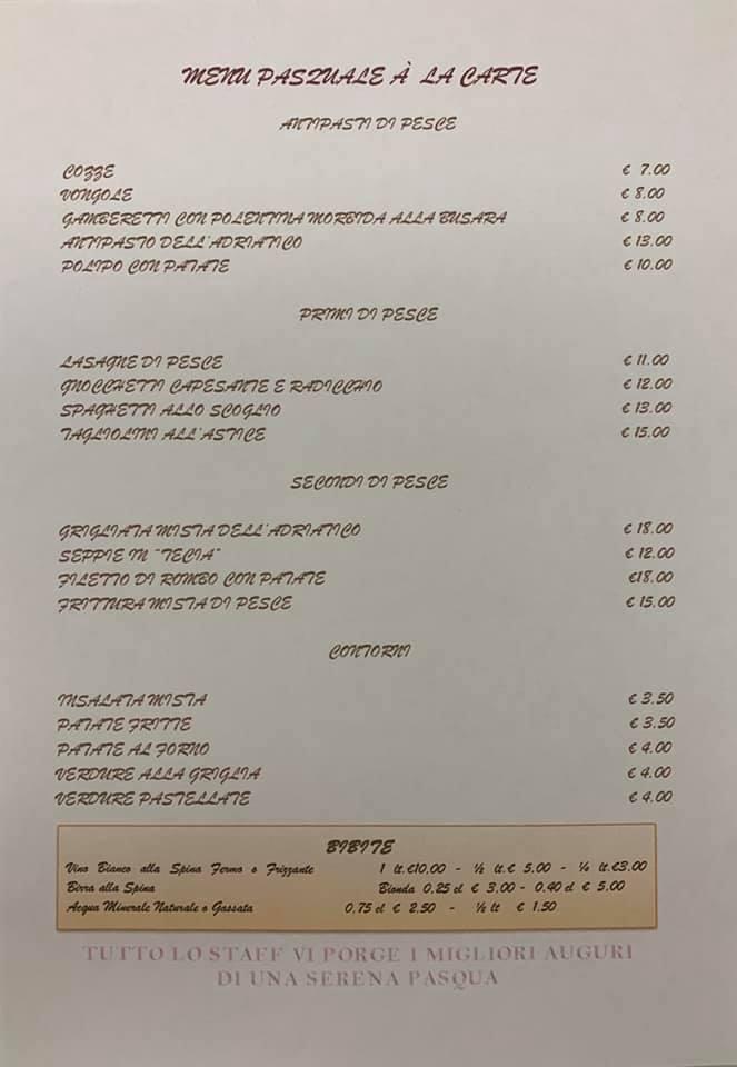 Menu at Paradise Beach restaurant, Chioggia