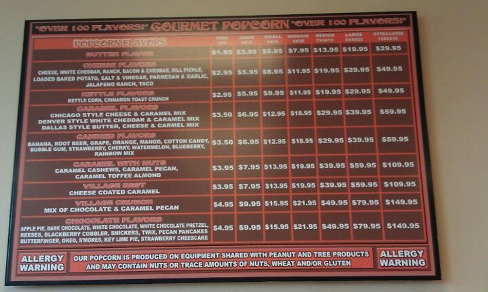 Menu at Popcorn Village cafe, Franklin