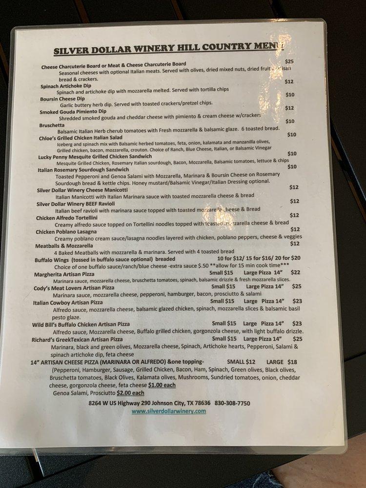 Menu at Silver Dollar Bistro pizzeria, USA, US-290