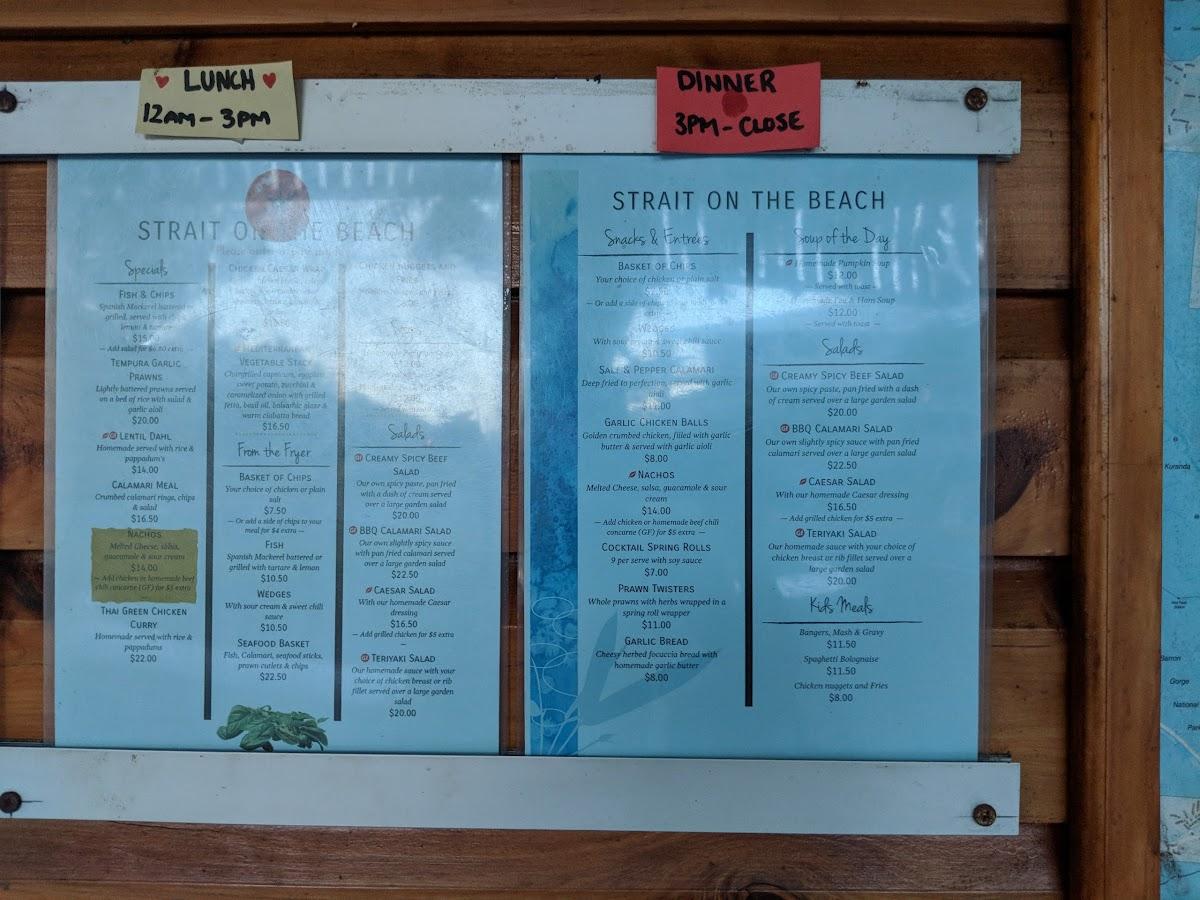 Menu at Strait on the Beach restaurant, Holloways Beach