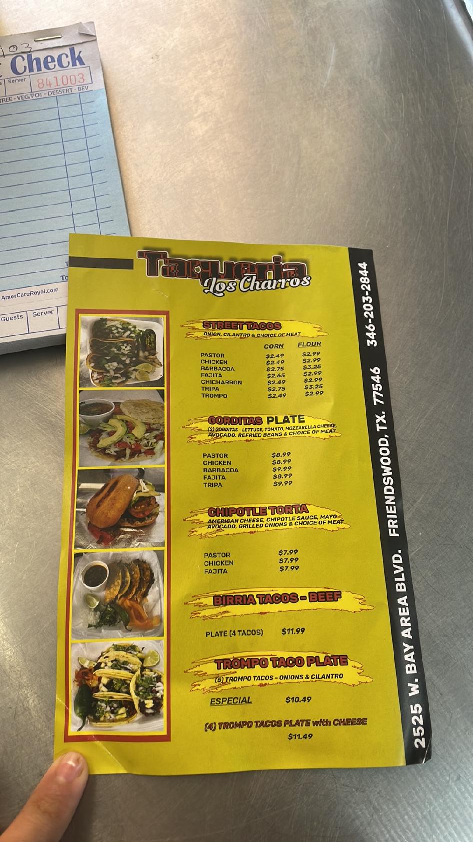 Menu at Taqueria Los charros restaurant, Friendswood, Bay Area Blvd