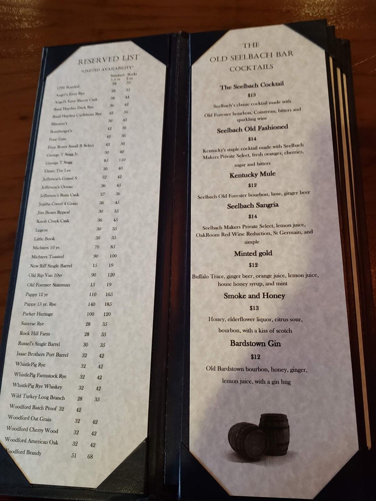 Menu at The Old Seelbach Bar, Louisville