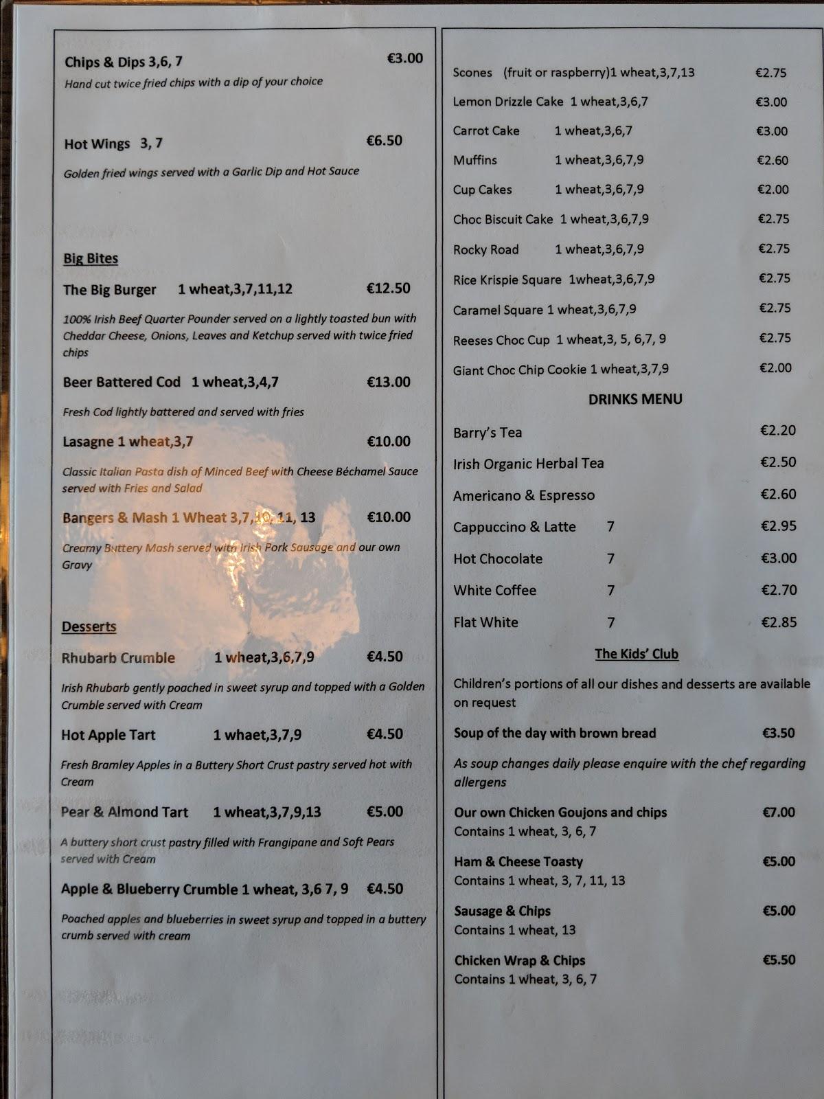 Menu at The Wicklow Way Café cafe, Dublin