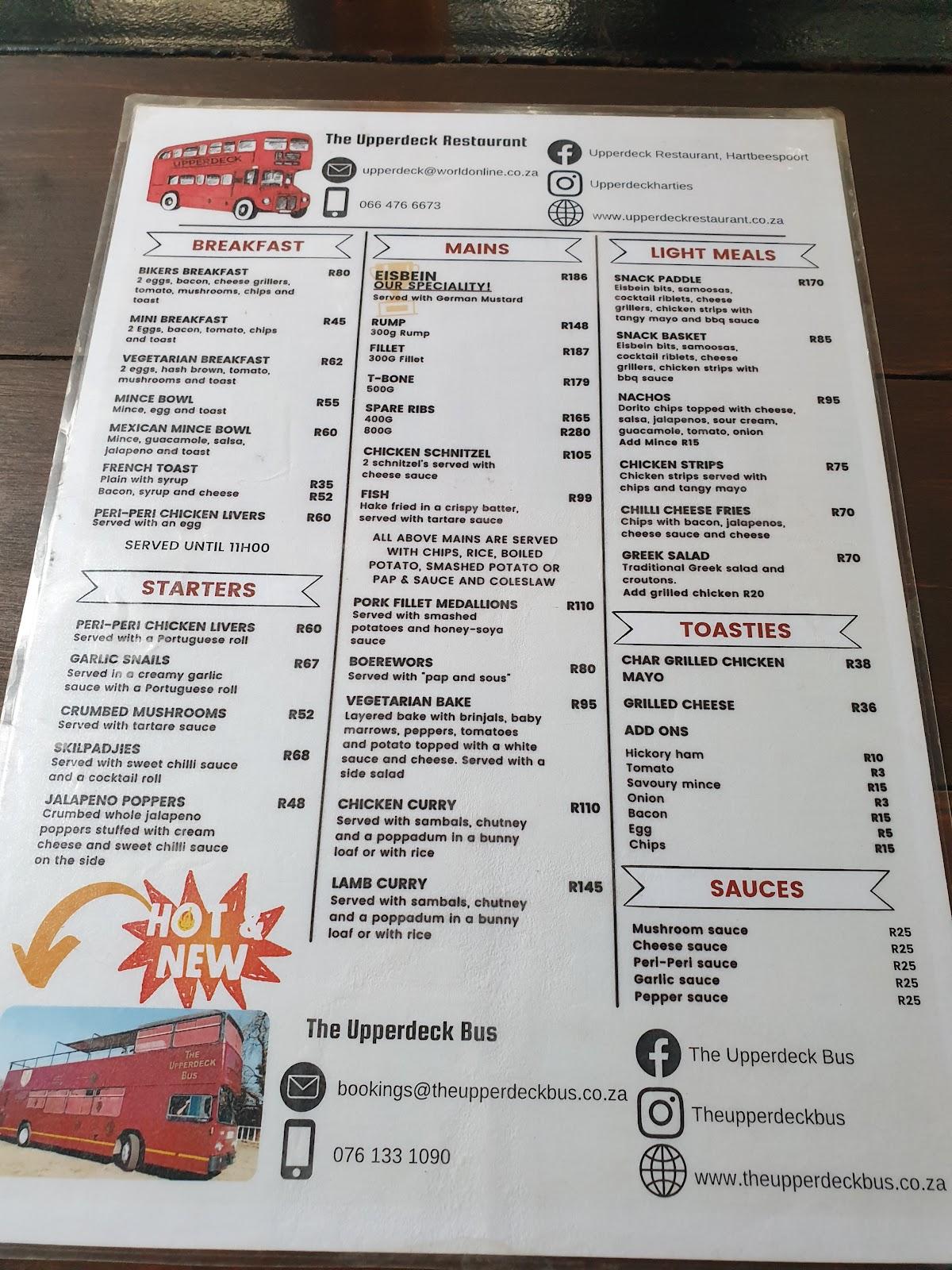 Menu at Upperdeck Restaurant, Hartbeespoort, Old Rustenburg Road Damdoryn