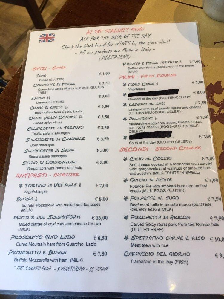 Menu at Ai Tre Scalini pub & bar, Rome, Via Panisperna