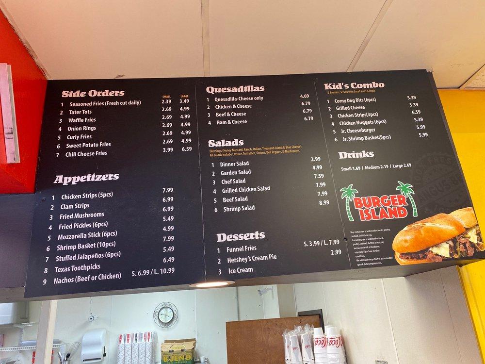 Menu at Burger Island restaurant, Garland, W Buckingham Rd
