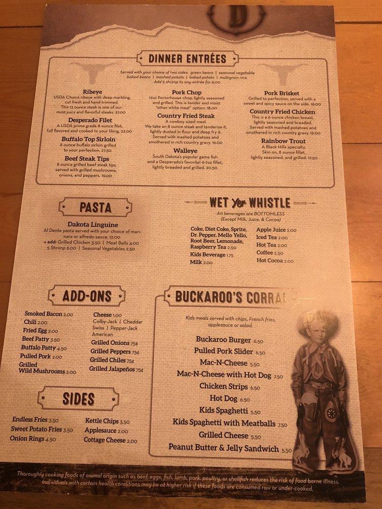 Menu at Desperados steakhouse, Hill City