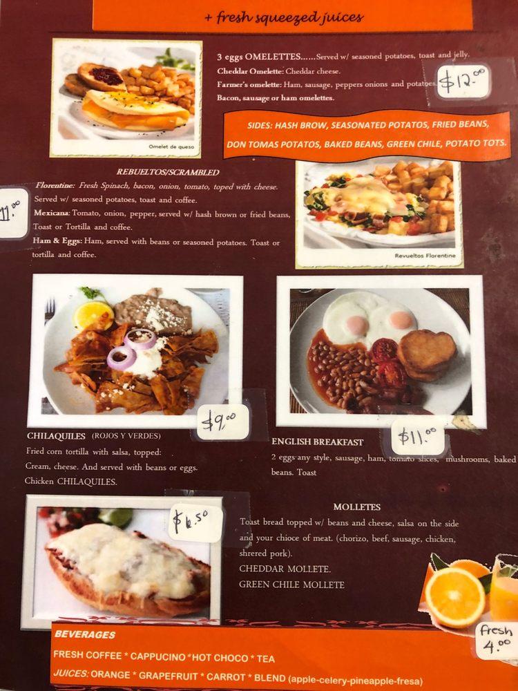 Menu at Don Tomas Bakery and breakfast, Monte Vista