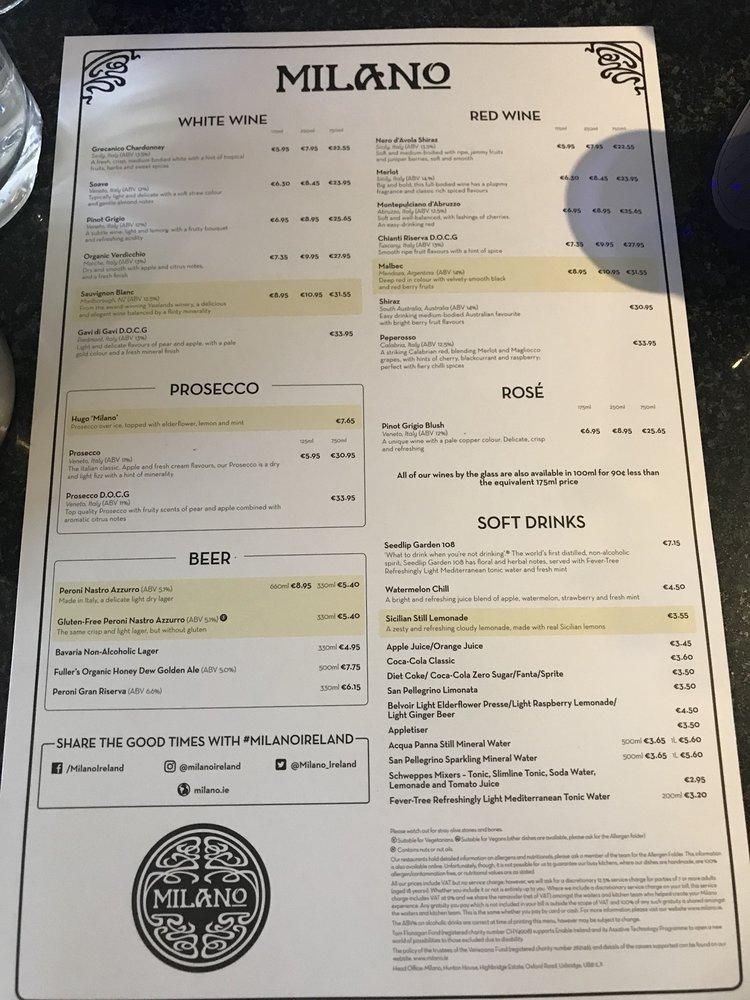 Menu at Milano restaurant, Killarney