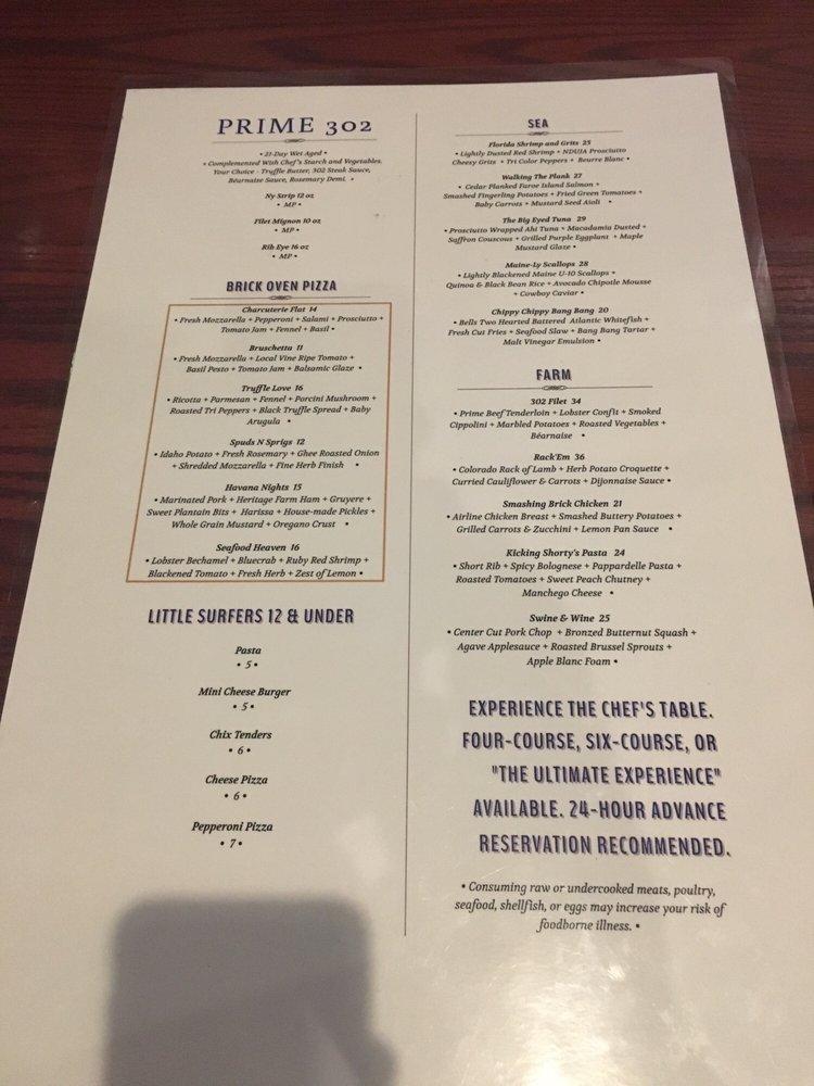 Menu at Ocean 302 steakhouse, Melbourne Beach