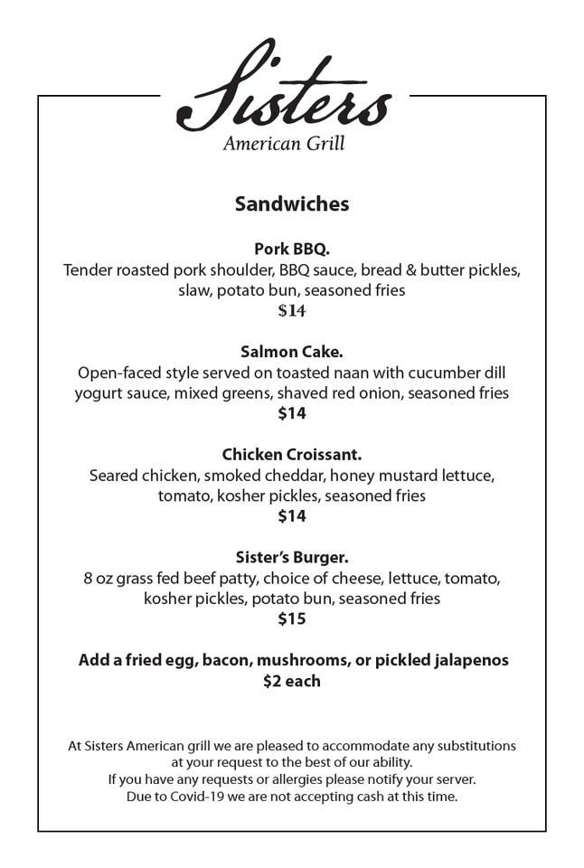 Menu at Sister's American Grill restaurant, Abingdon