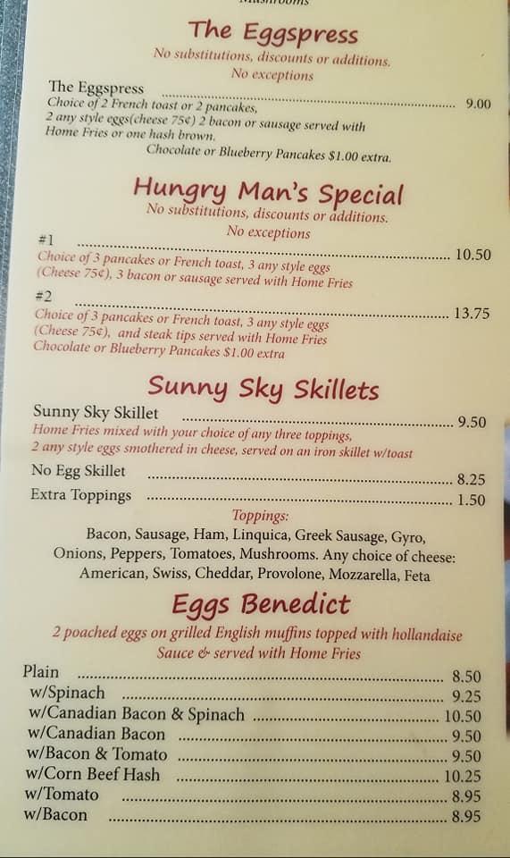 Menu at Sunnyside Cafe, Randolph