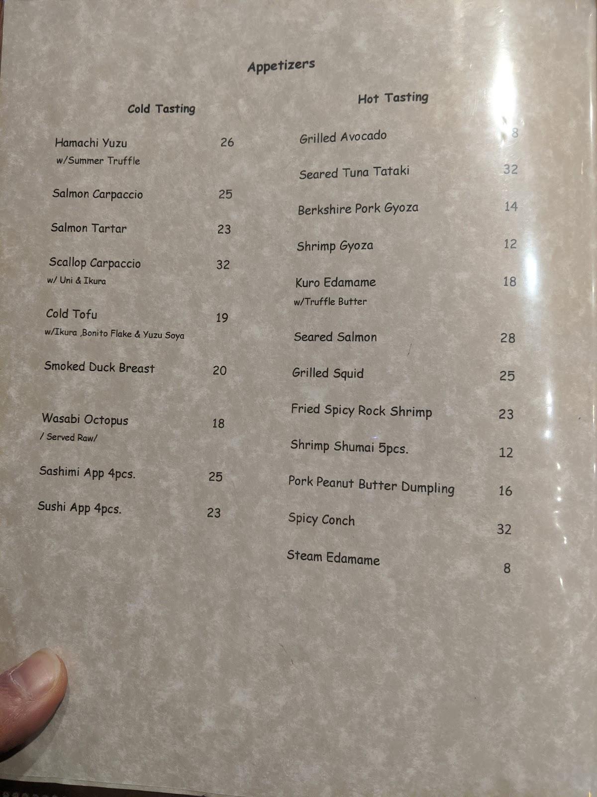 Menu at Wabi Sabi restaurant, Bloomfield