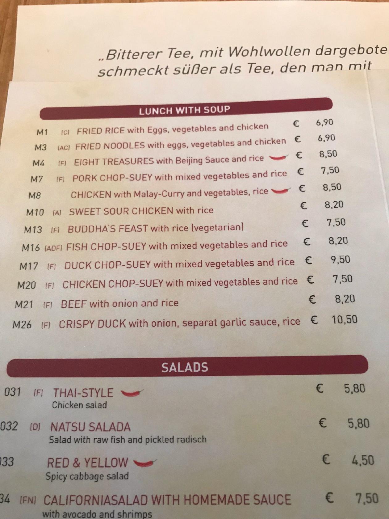 Menu at Wang Fu restaurant, Innsbruck