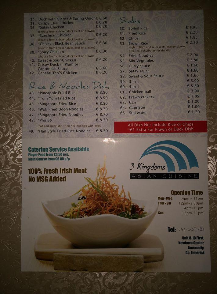 Menu at 3kingdoms restaurant, Limerick