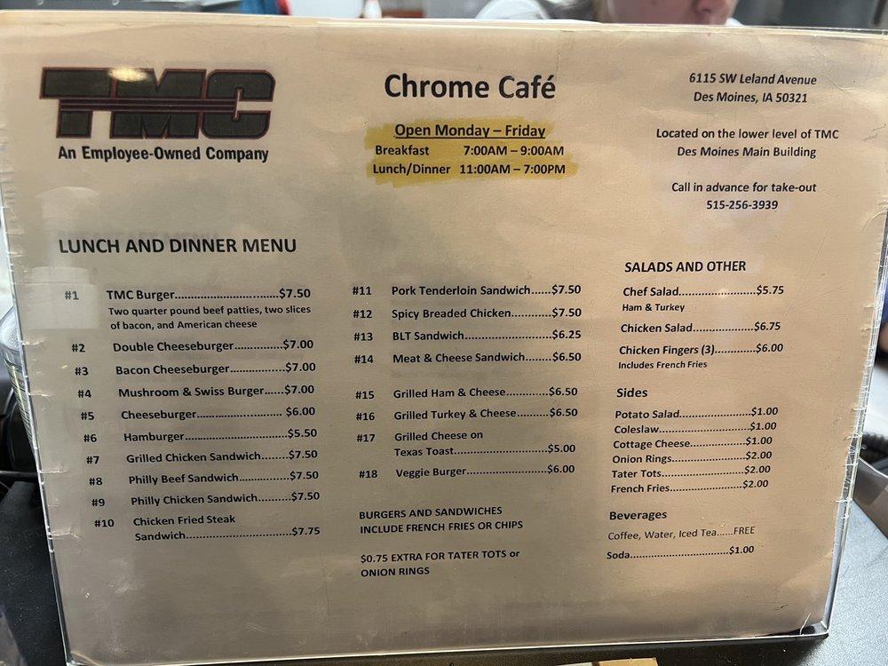 Menu at Chrome Cafe, Des Moines
