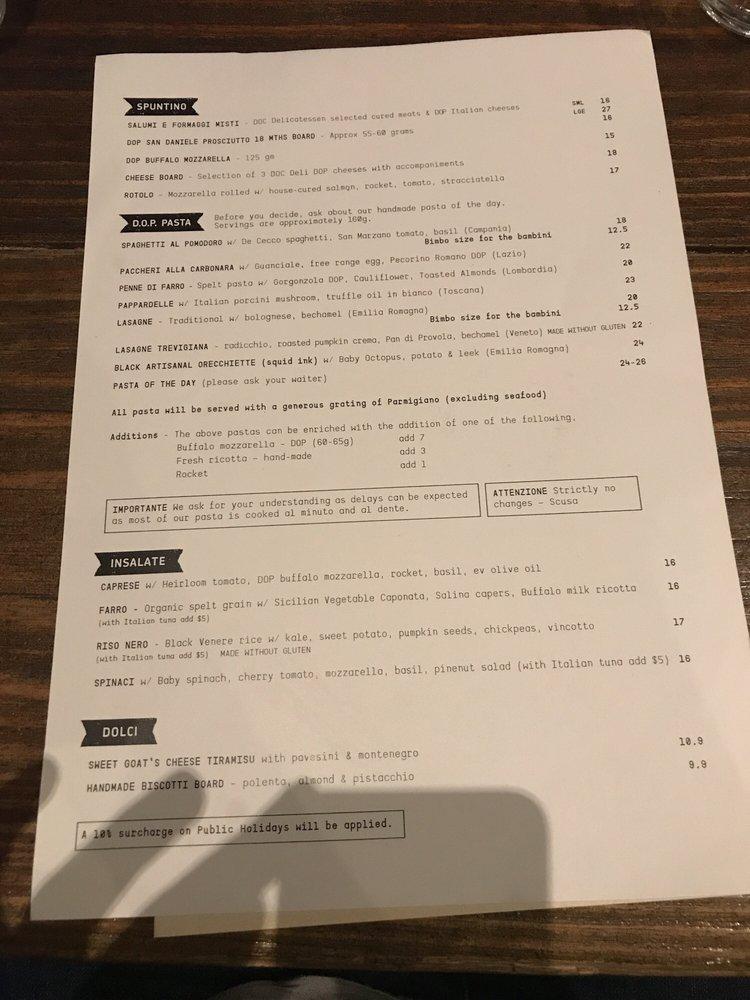 Menu at DOC Espresso cafe, Carlton, 326 Lygon St