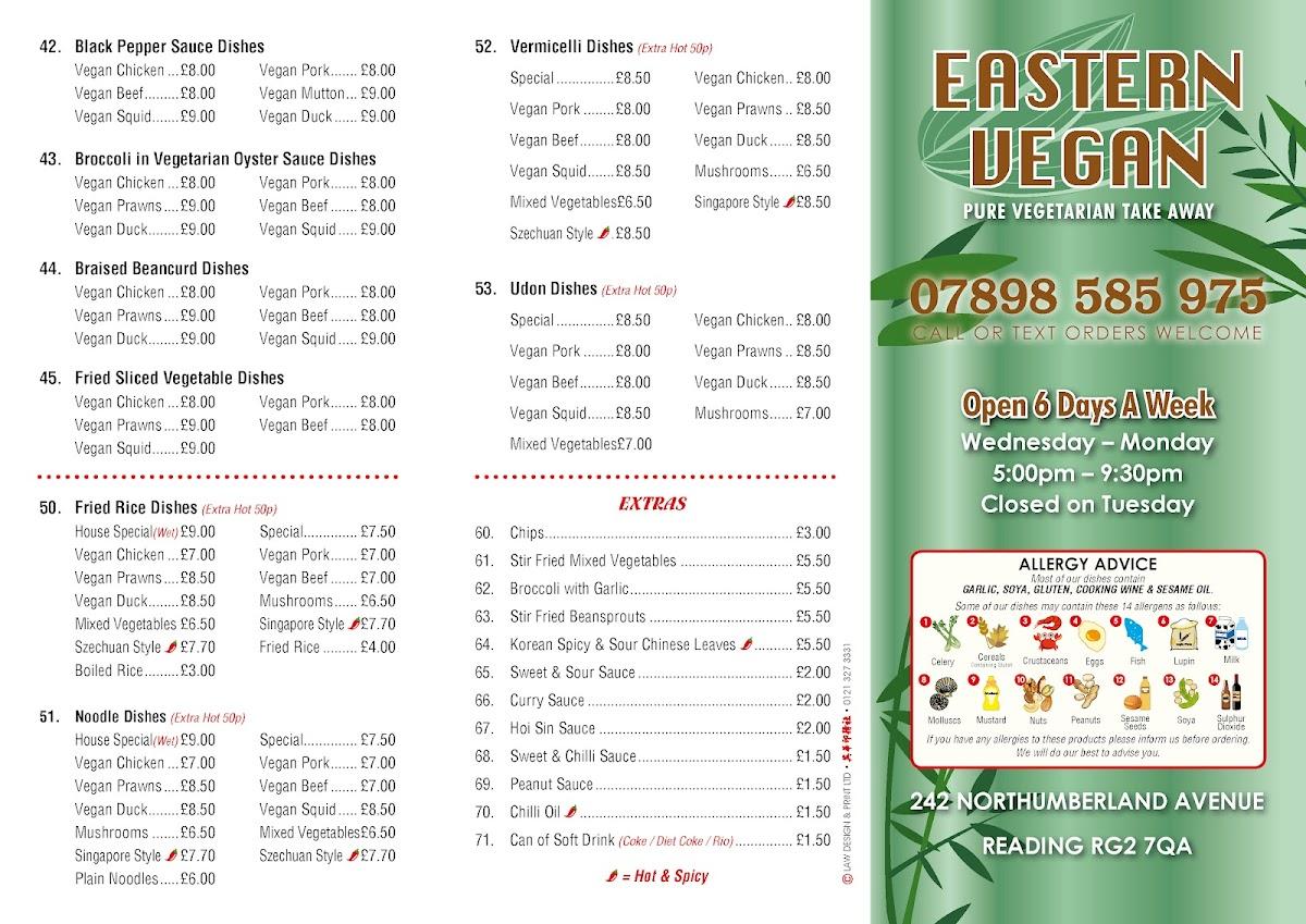 Menu at EASTERN VEGAN, Reading
