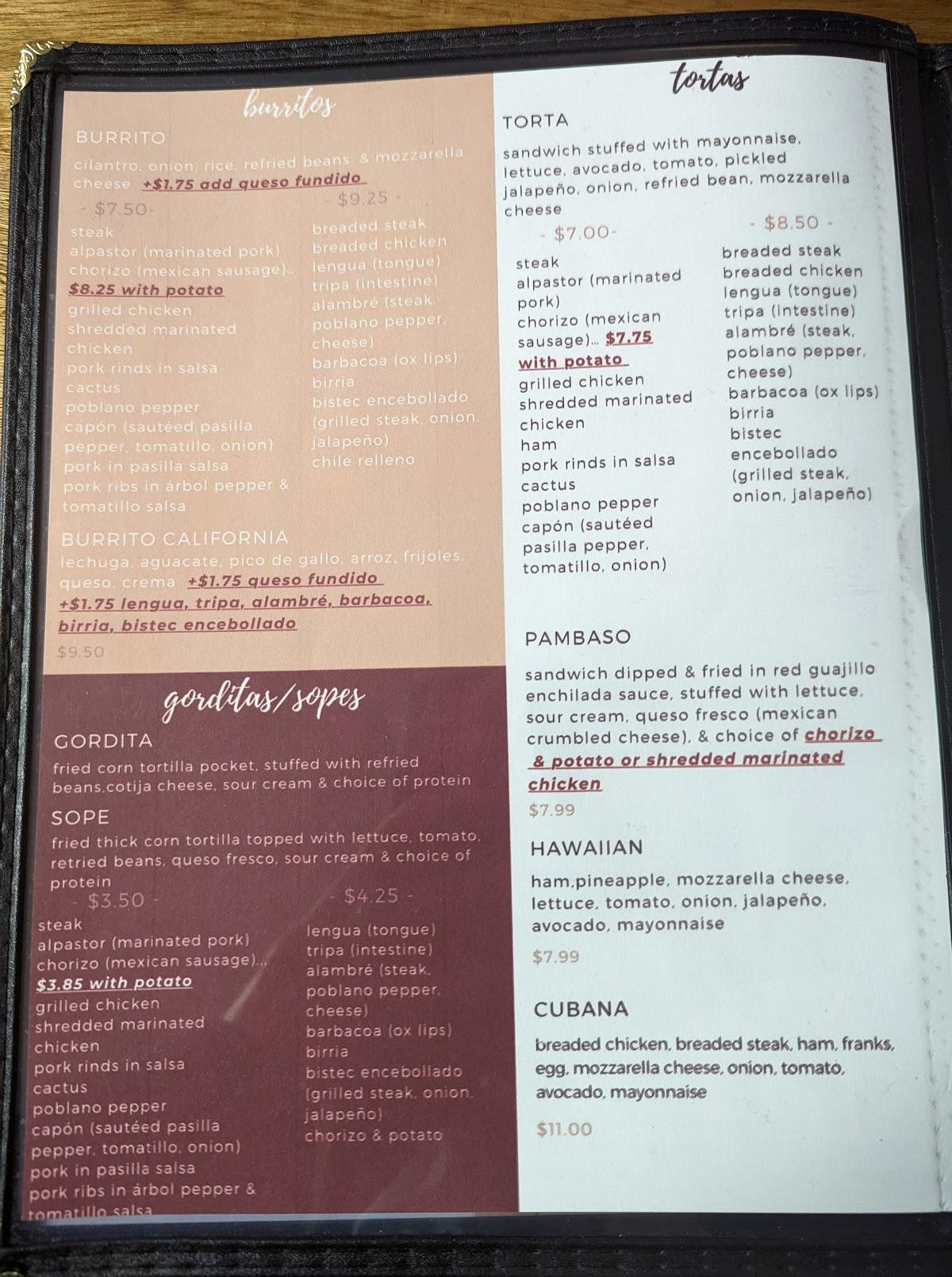 Menu at El Rinconcito restaurant, Rogers