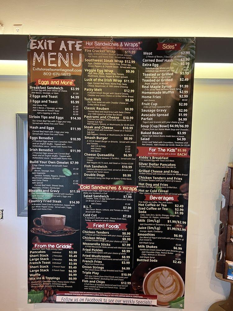 Menu at Exit Ate Restaurant, Weathersfield, 202 Route 131