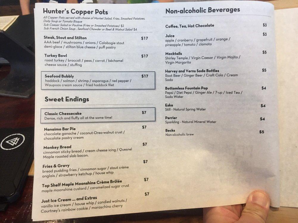 Menu at Hunter's Public House, Ottawa