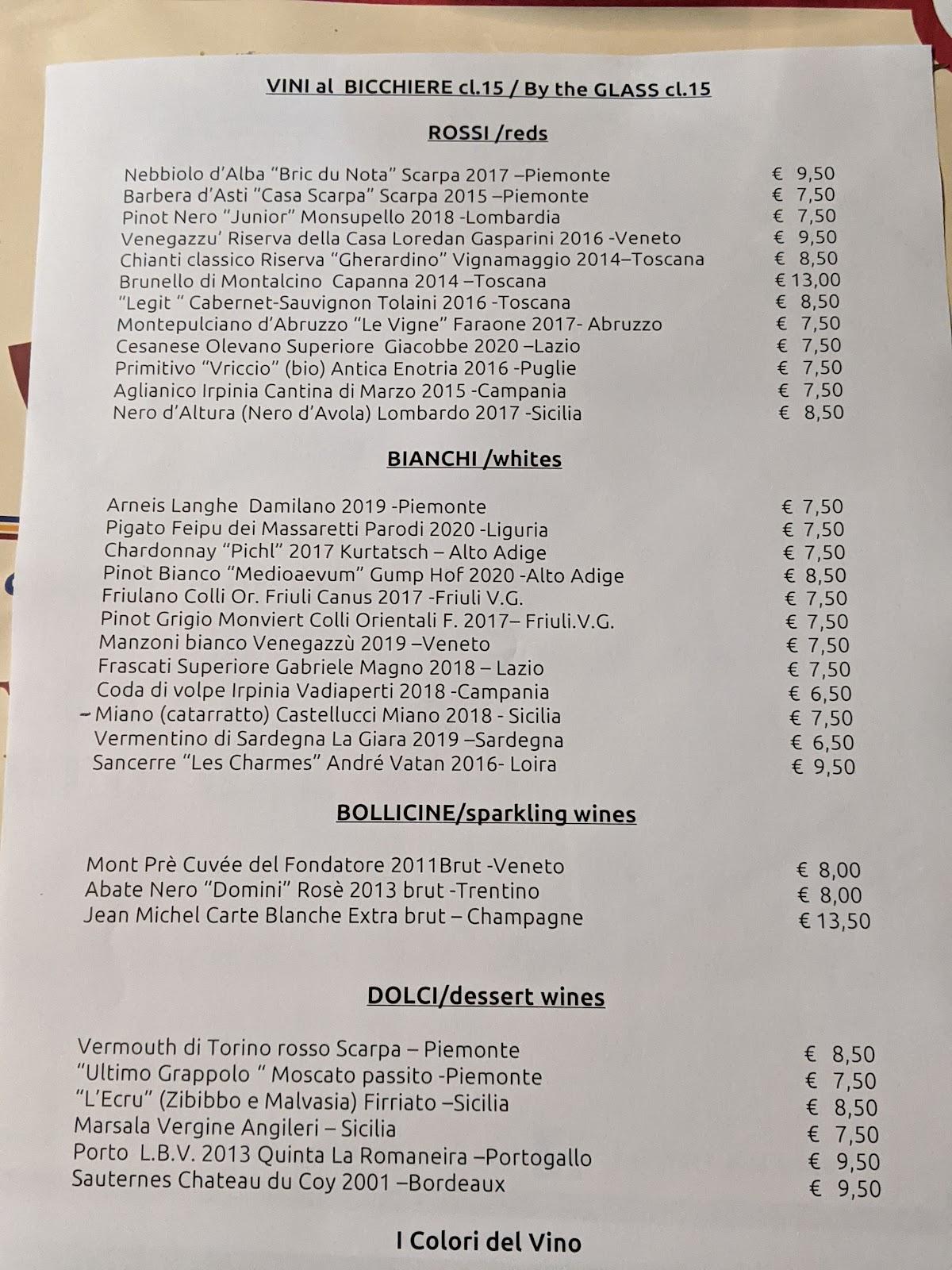 Menu da I Colori del Vino ristorante, Roma