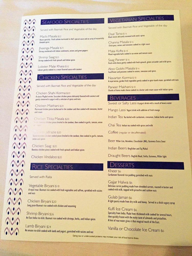 Menu at Indian Rehoboth Indigo Restaurant, Rehoboth Beach