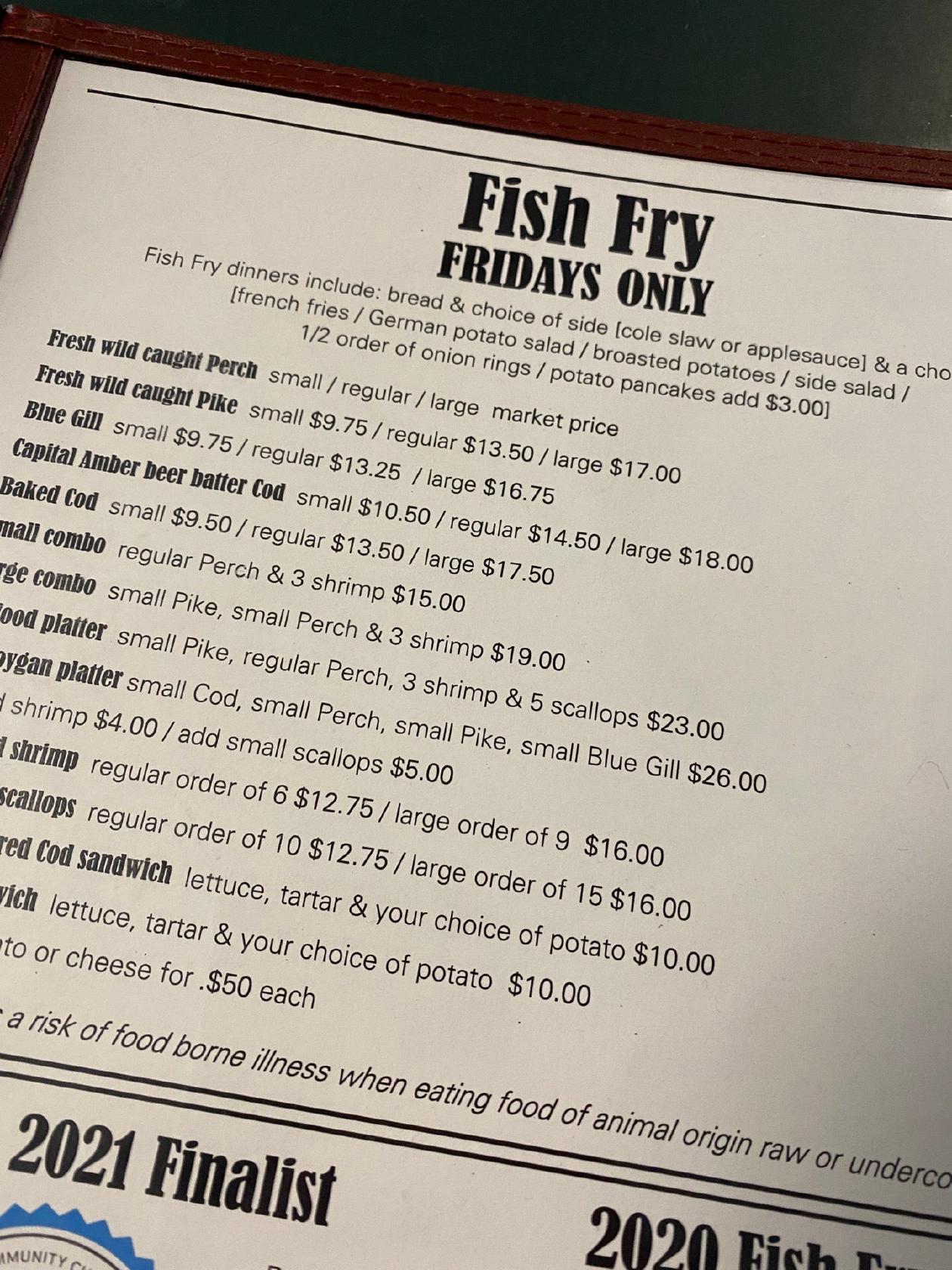 Menu at Scenic Bar & Restaurant, Sheboygan