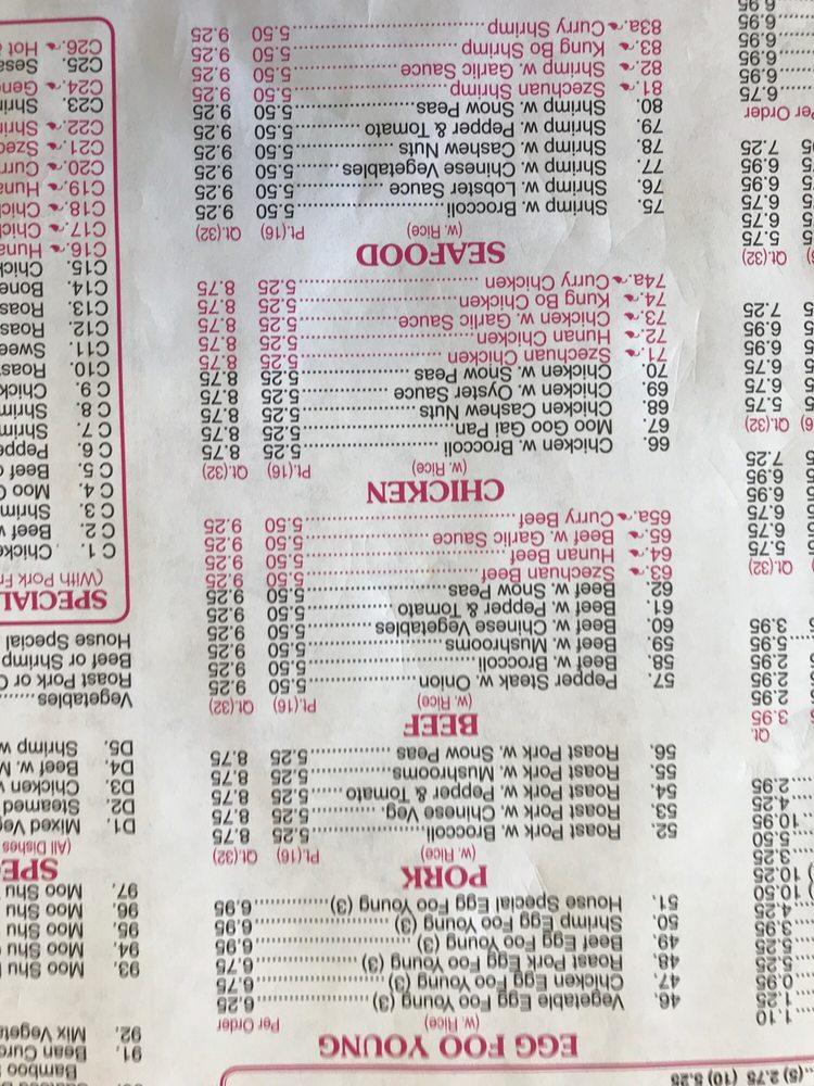 Carta del restaurante Shun Xing, Elizabeth City