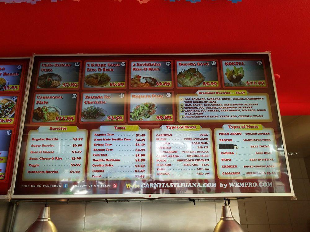 Menu at Taqueria Carnitas Tijuana restaurant, Concord