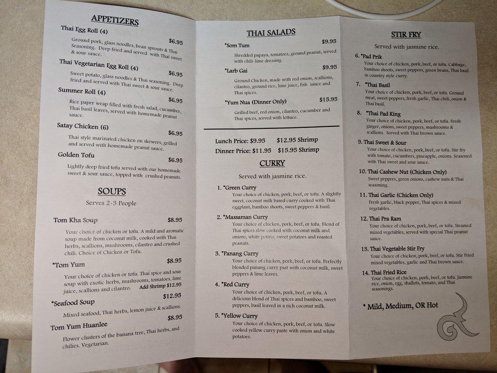Menu at Thai Number 9 restaurant, Grand Junction
