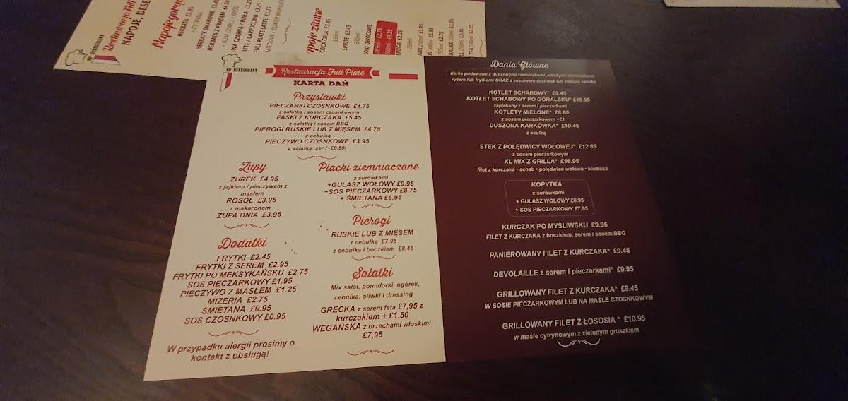 Carta de The Full Plate Restaurant, Bournemouth