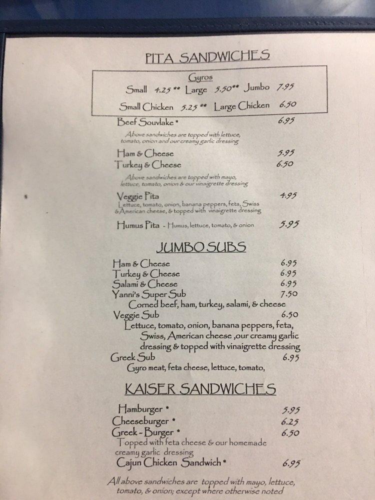Menu at Yanni's Greek Restaurant, Columbus