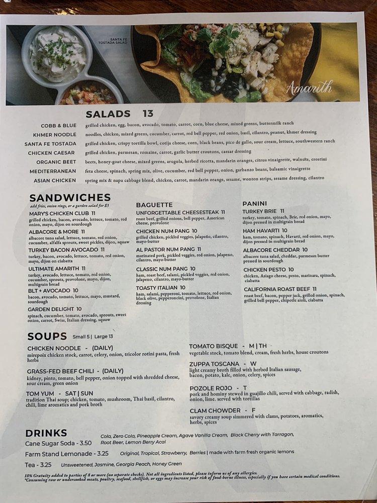 Carta de Amarith Farmhouse - Restaurant & Pie Shoppe, Fountain Valley