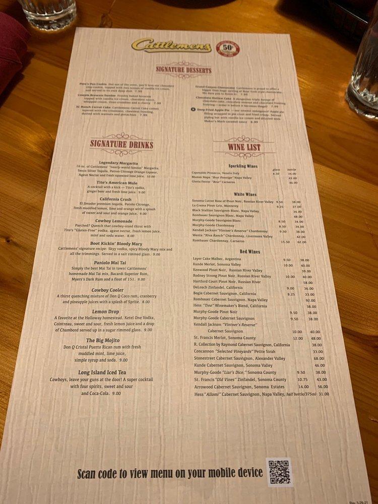 Menu at Cattlemens Rancho Cordova steakhouse, Rancho Cordova