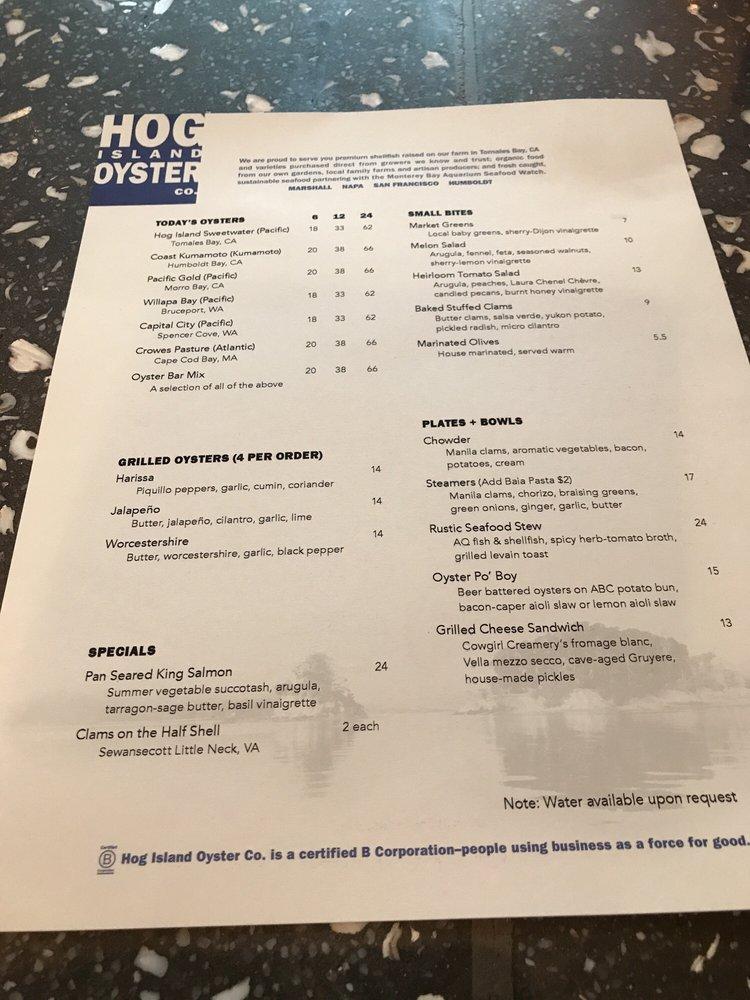 Menu at Hog Island Oyster Co restaurant, Napa