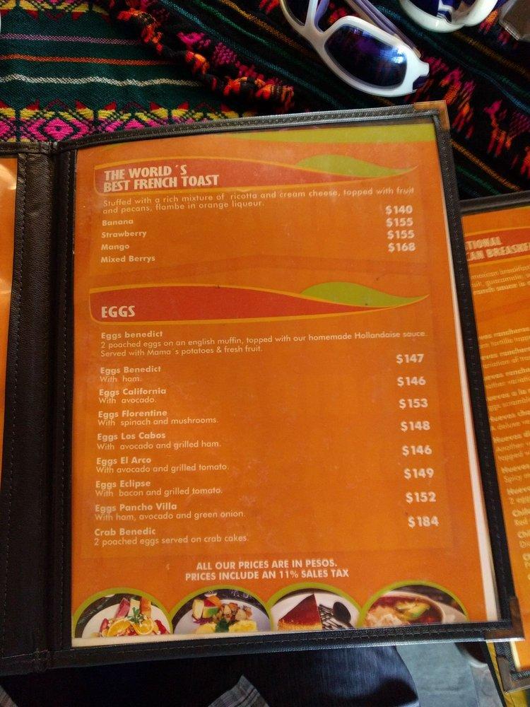Menu at Mama’s Royal Cafe, Cabo San Lucas
