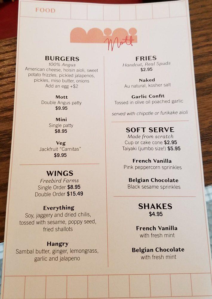 Menu at Mini Mott fast food, Chicago, W Logan Blvd