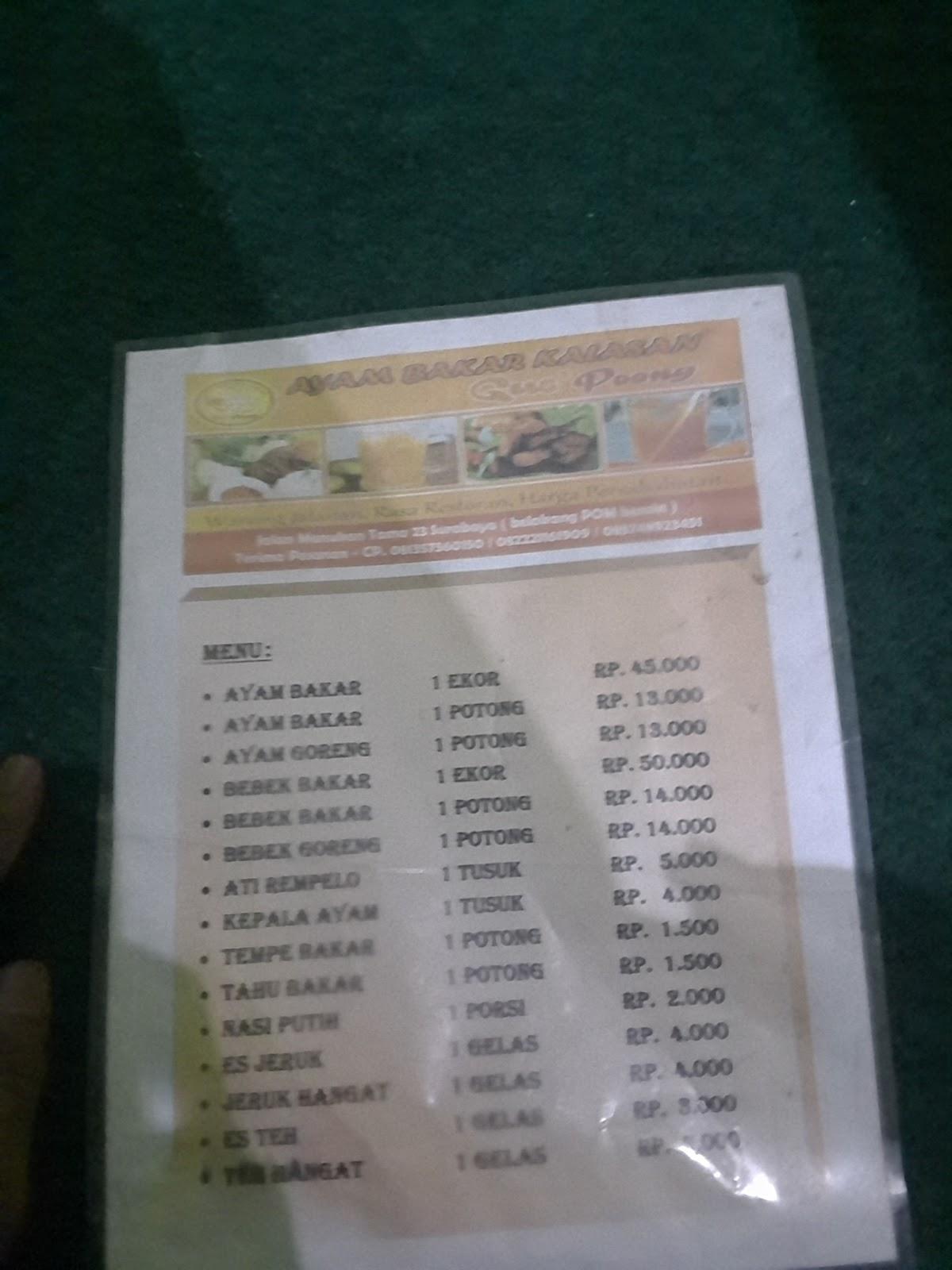 Menu at Ayam Bakar Kalasan Gus' Poong restaurant, Surabaya