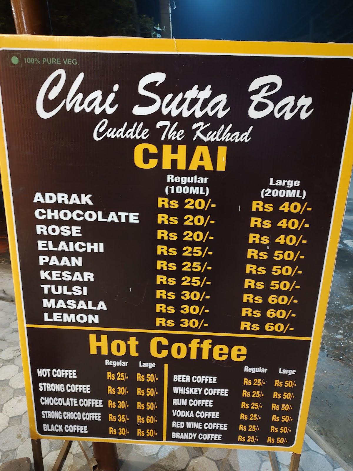 Menu at Chai Sutta Bar, Hoshiarpur