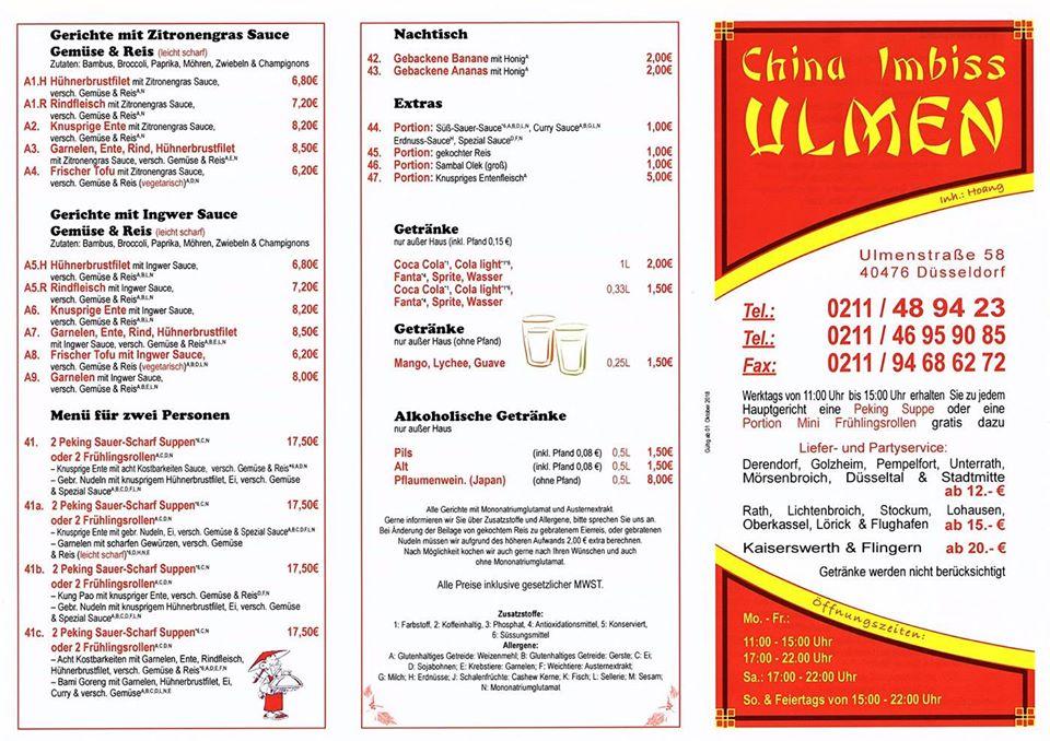 Speisekarte von China Imbiss Ulmen restaurant, Düsseldorf, Ulmenstraße 58