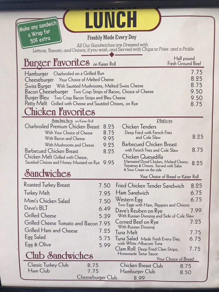 Menu at Dave's Diner restaurant, Manlius