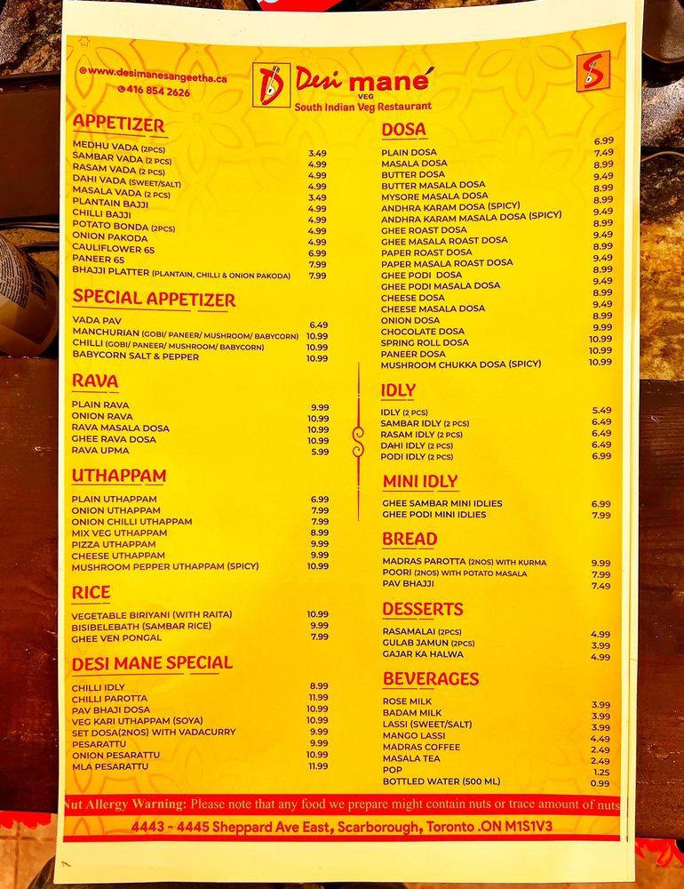 Menu at Desi Mane restaurant, Toronto