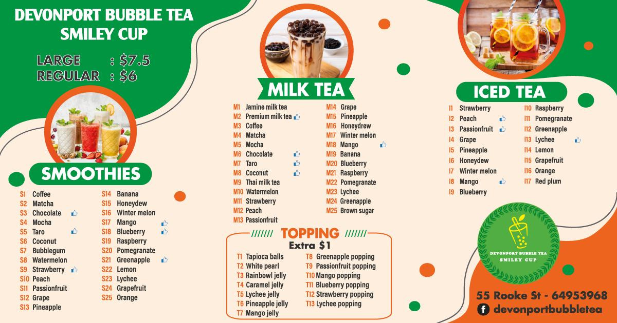 Menu at Devonport Bubble Tea - Smiley Cup cafe, Devonport