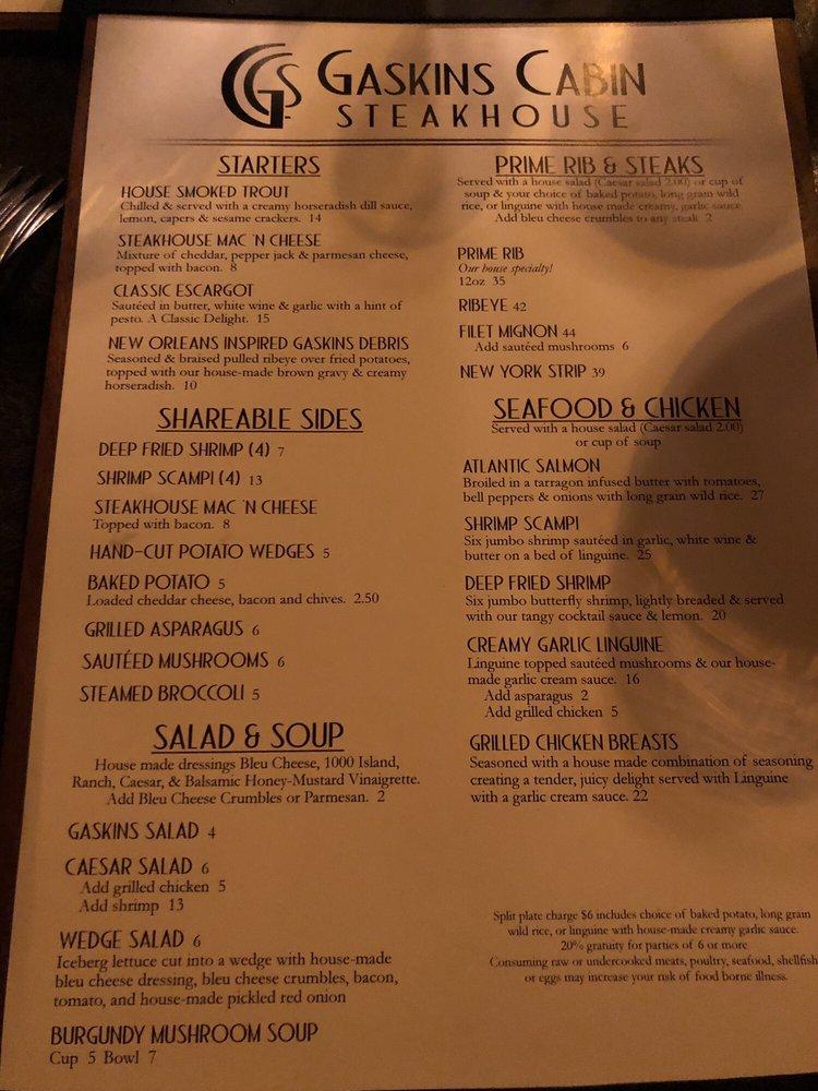 Menu at Gaskins Cabin Steakhouse, Eureka Springs